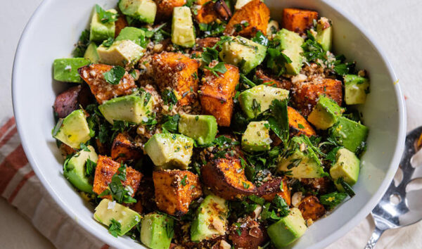 Roasted Sweet Potatoes with Avocado, Almonds and Herbs
